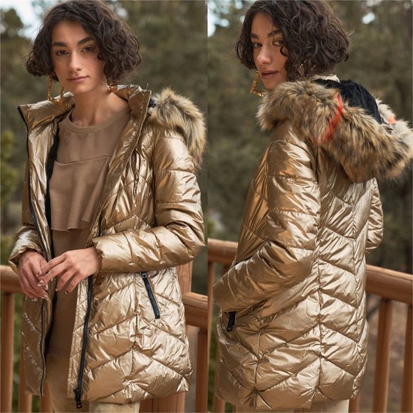 Jackets & Coats | Glossy Gold Puffer Jacket Winter Warm Fur Lined ...